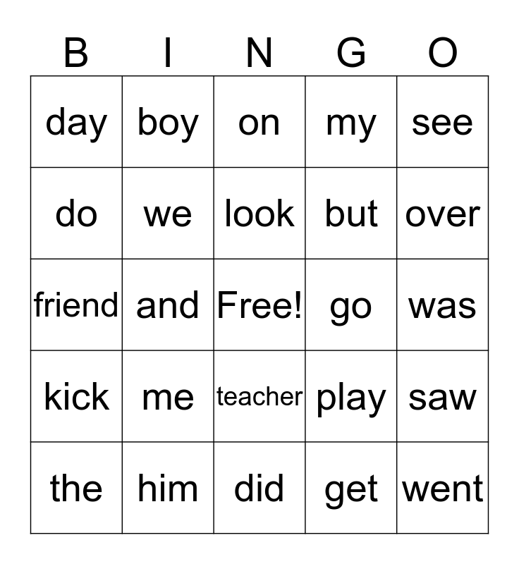 Word Wall Word Grade 1 Bingo Card