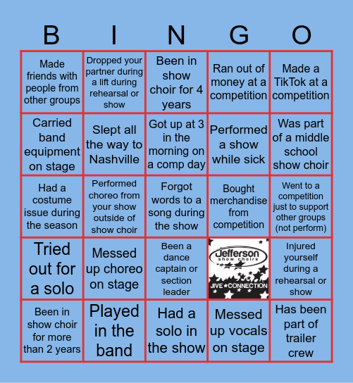 The Jefferson Show Choir Bingo Game Bingo Card