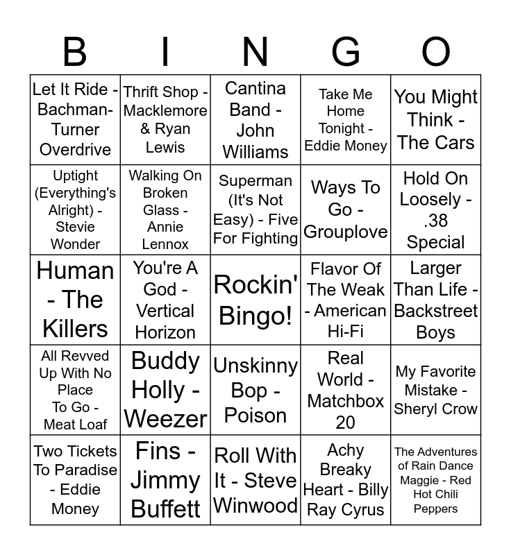 Rockin' Bingo (2A) Bingo Card