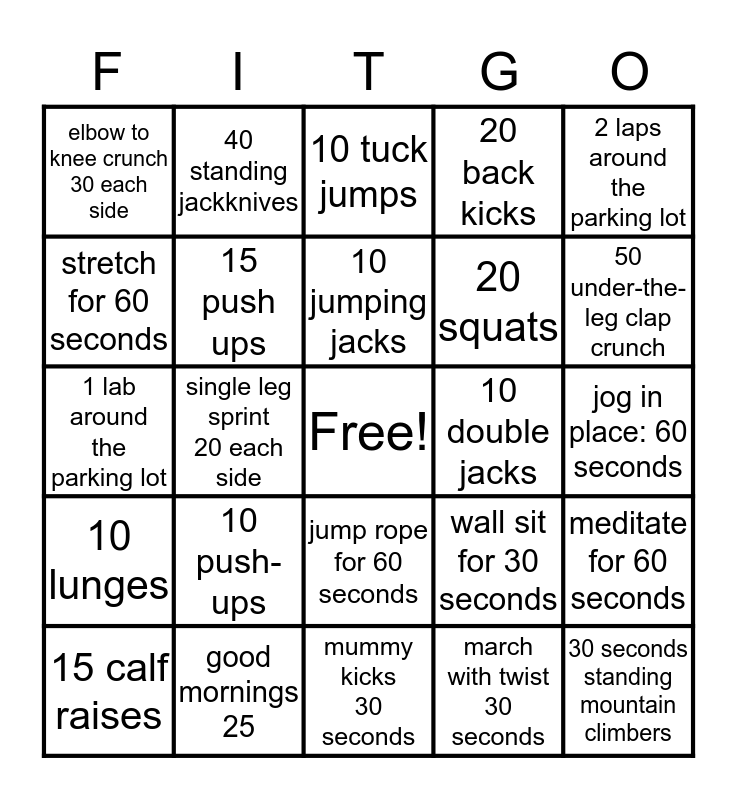 FITGO Bingo Card
