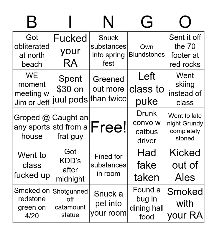 UVM Bingo Card
