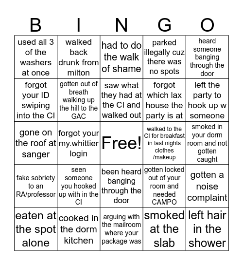 Whittier College Bingo Card