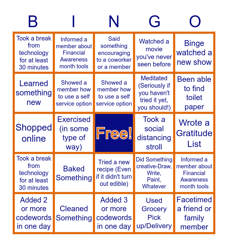 Social Distancing Bingo Card