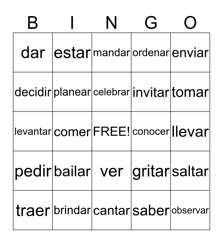 Lesson 4: Una fiesta, los verbos by Carmen Andérico Bingo Card