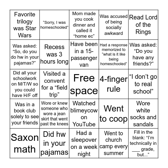 Homeschooled Bingo Card
