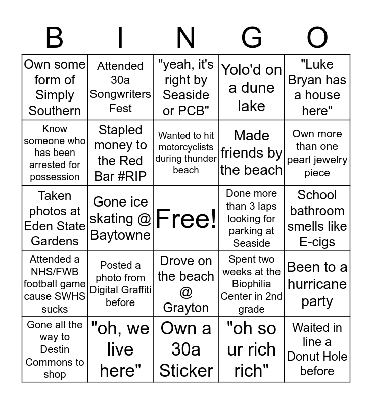 Grew up in South Walton Check Bingo Card