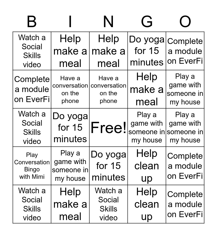 Social Skills Bingo Card