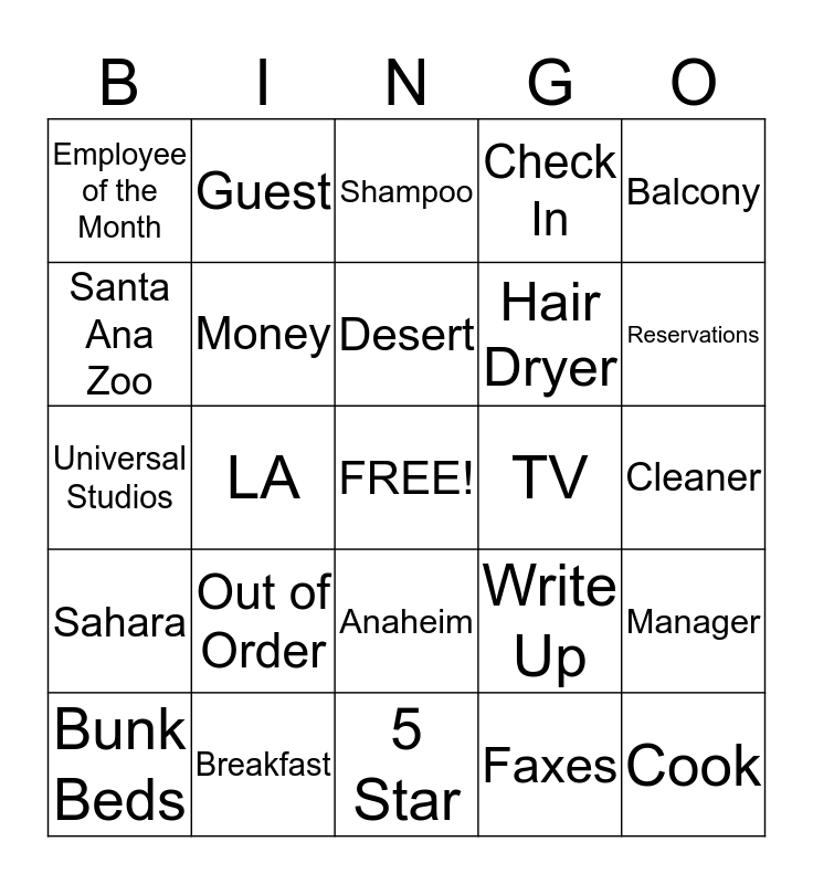 Desert Palms Hotel Bingo Card