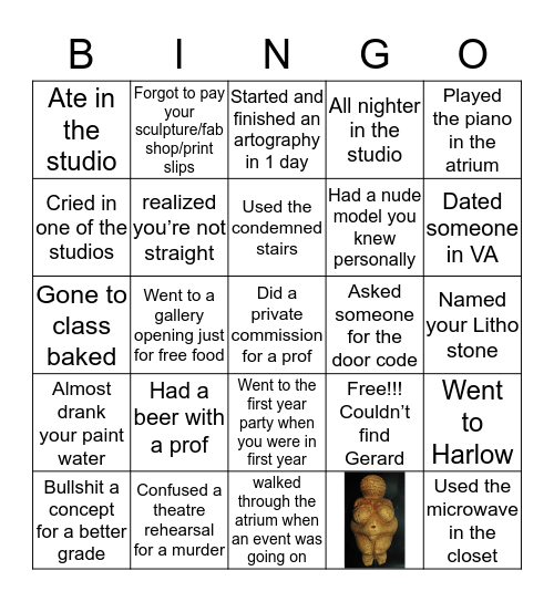 Visual Arts Bingo Card