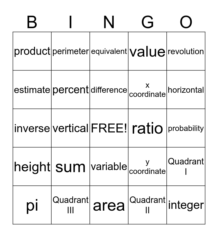 Math Vocab Review Bingo Card