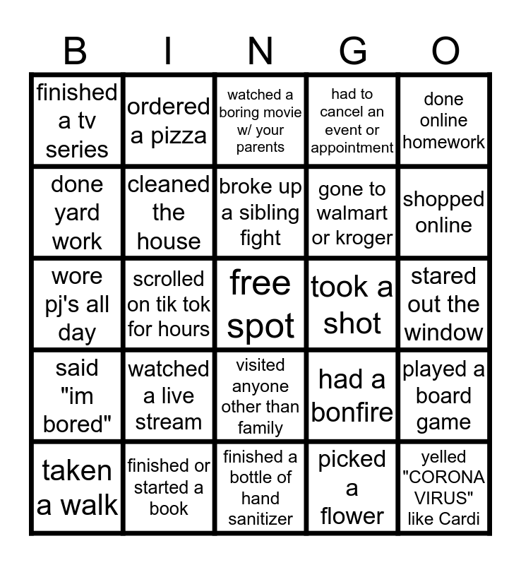 Q U A R A N T I N E Bingo Card