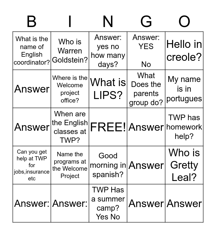 The Welcome Project (TWP) Bingo Card