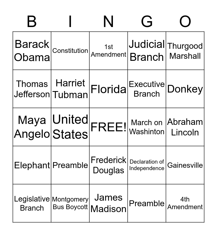 Civics Bingo Card
