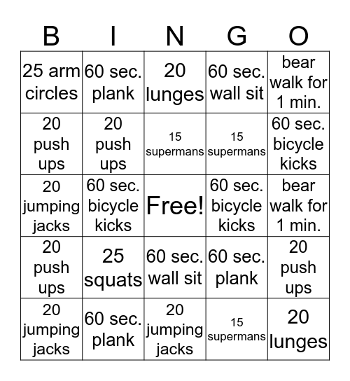 PE Bingo Card
