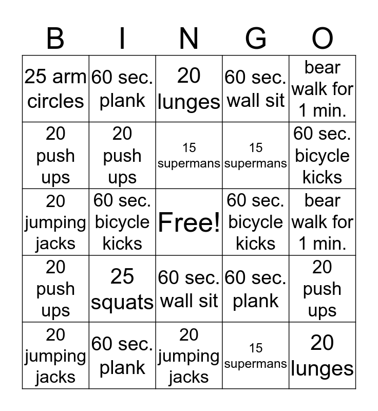 PE Bingo Card
