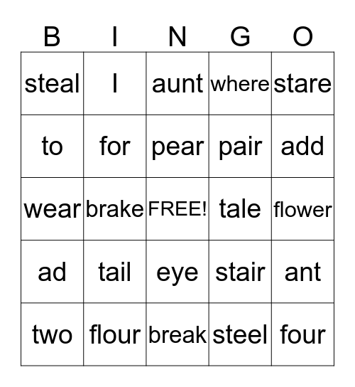 Homophone Bingo 2 Bingo Card