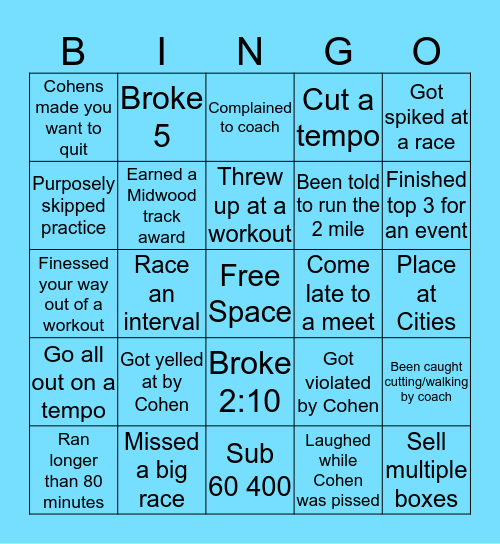 Midwood Track Bingo Card