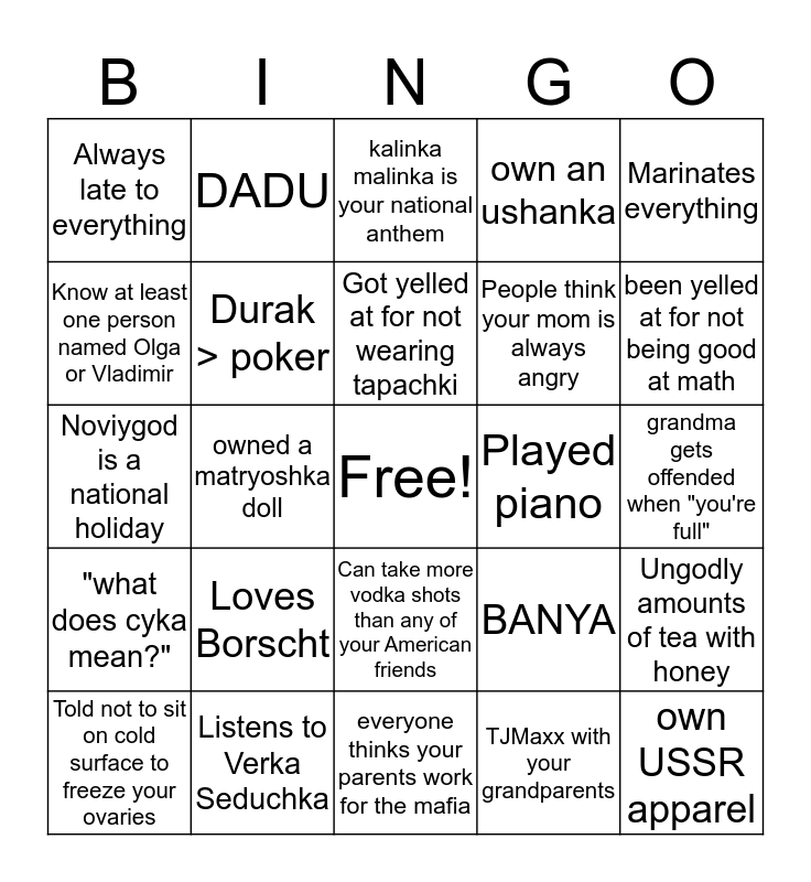 Russian Bingo Card