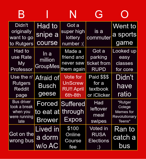 RU SCREW BINGO Card