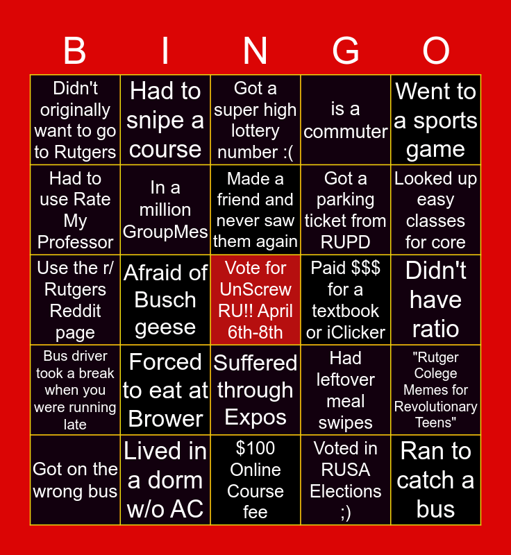 RU SCREW BINGO Card