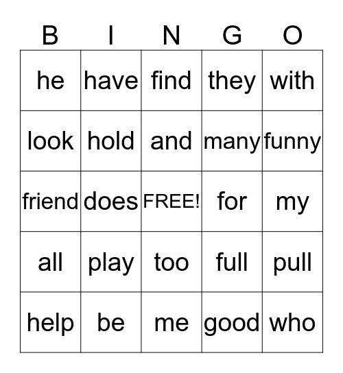 Unit 1 High Frequency Words Bingo Card