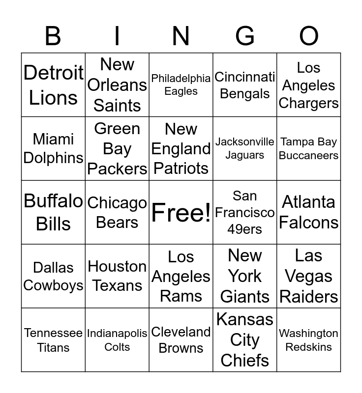 NFL Bingo Card