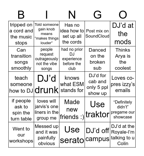 ESM- The DJ Club Bingo Card