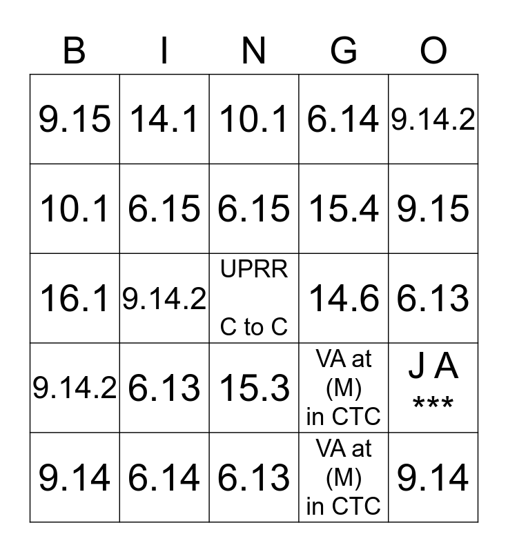Main Track Authority Bingo Card