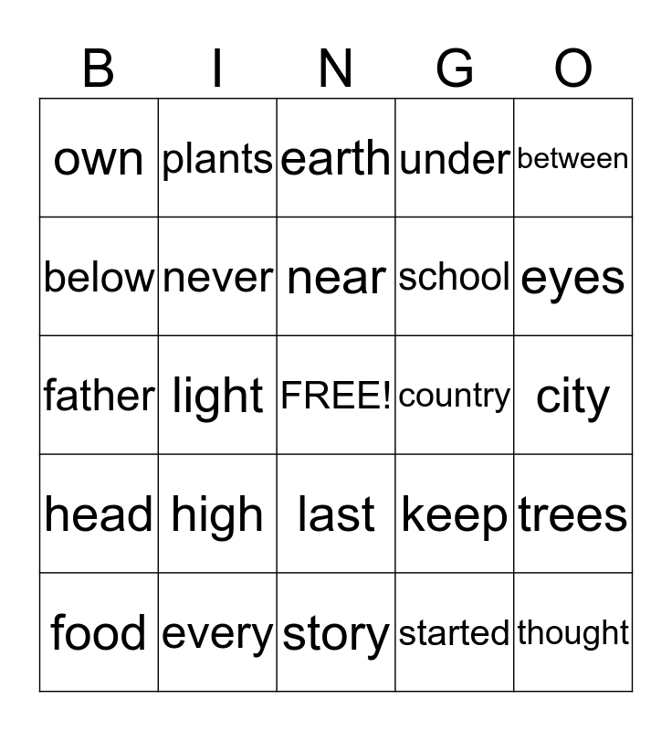 Fry Word Bingo Card
