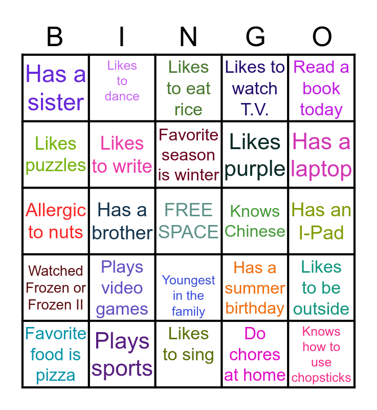 About Me! Bingo Card