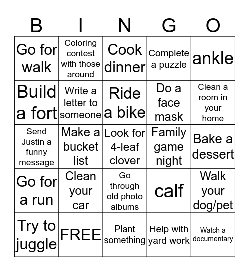 Inside/Outside Bingo Card