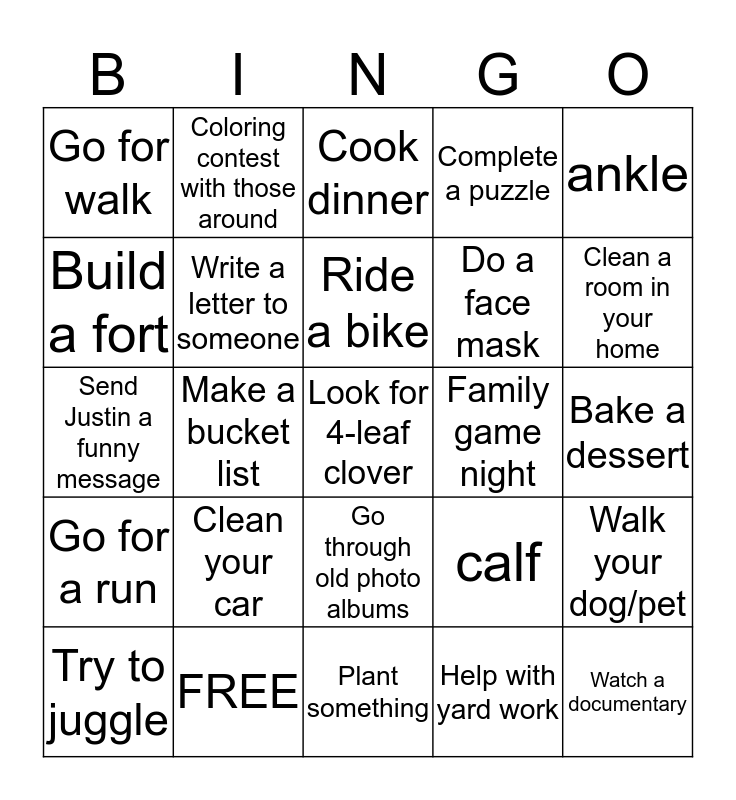 Inside/Outside Bingo Card
