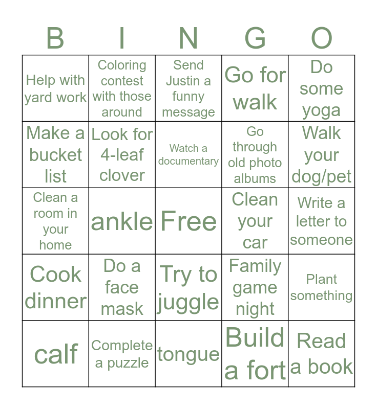 Inside/Outside Bingo Card