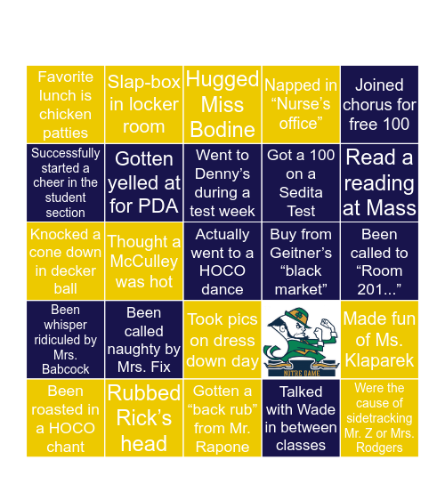 NOTRE DAME Bingo Card