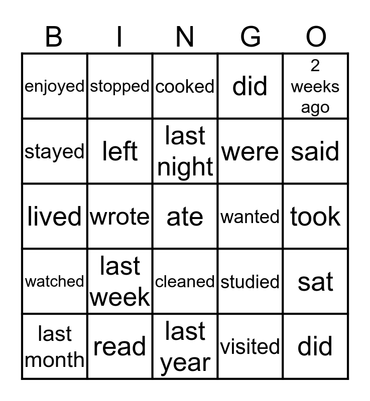 Past Tense Verbs Bingo Card
