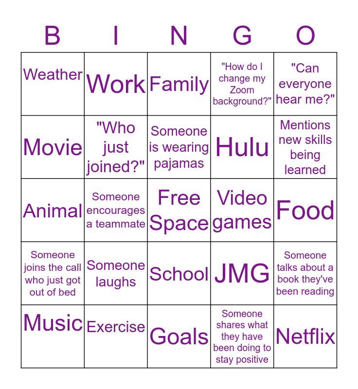 JMG Zoom Call Bingo Card
