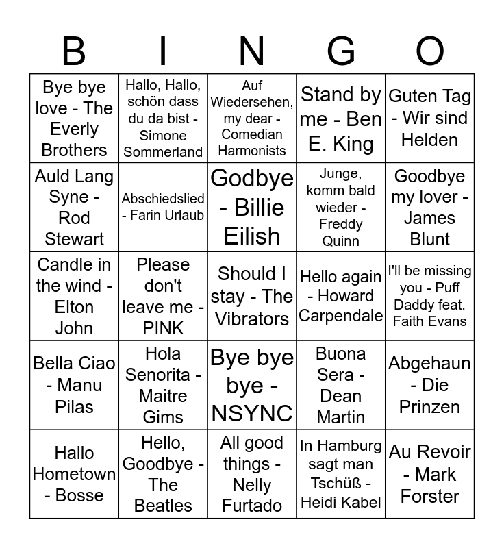 You say goodbye and I say hello Bingo Card