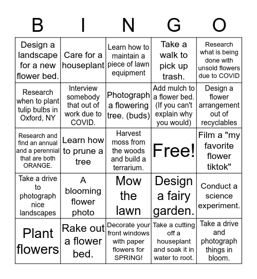 Floral Design Bingo Card