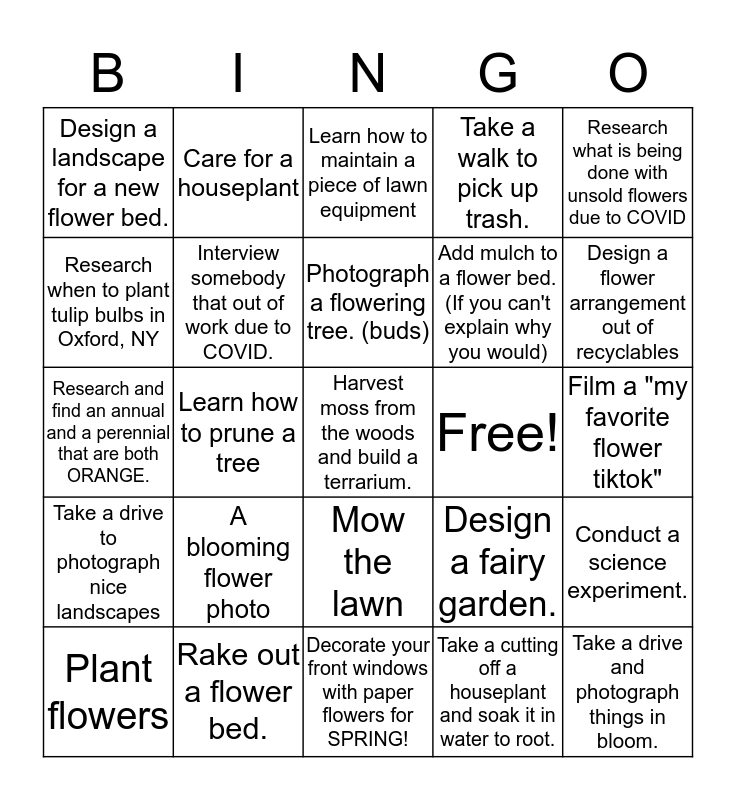 Floral Design Bingo Card