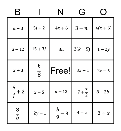 Algebraic Expressions Bingo! Bingo Card