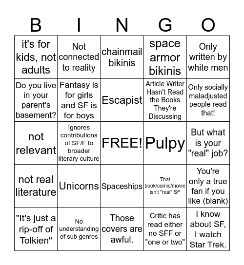 Science Fiction and Fantasy Snob BINGO! Bingo Card