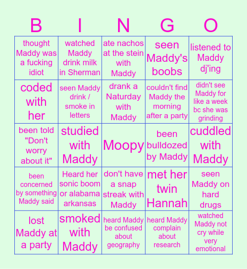 Maddy Ice 420 Bingo Card