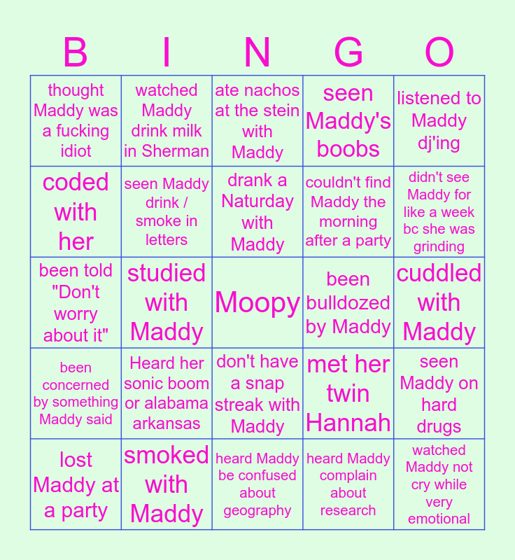 Maddy Ice 420 Bingo Card