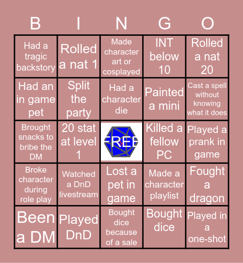Dungeons & Dragons Bingo Card