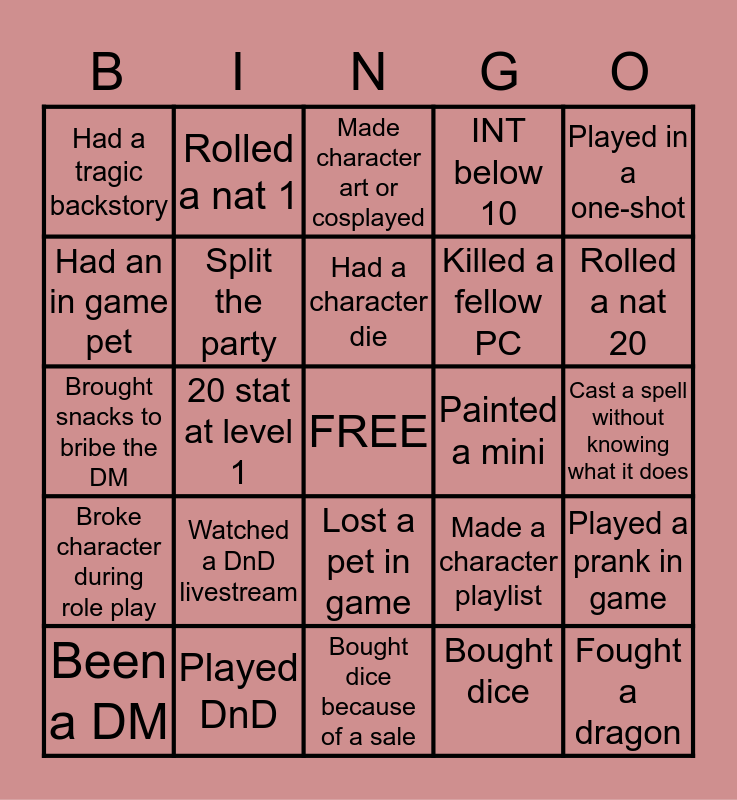 Dungeons & Dragons Bingo Card