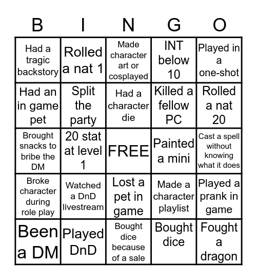 Dungeons & Dragons Bingo Card