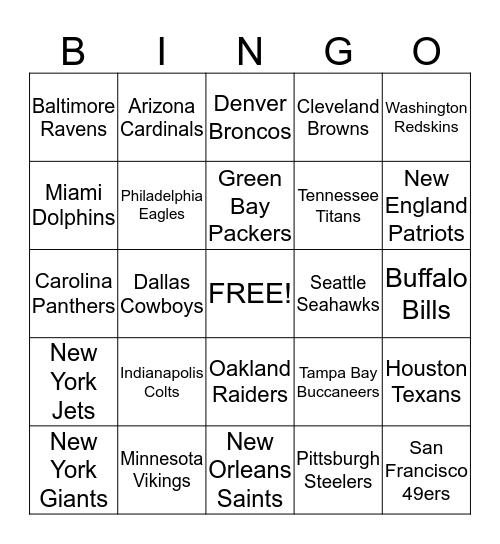NFL BINGO Card