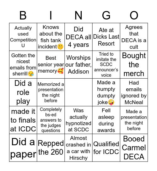 Homestead DECA bingo😩 Bingo Card