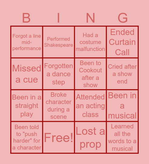 Theatre Bingo Card