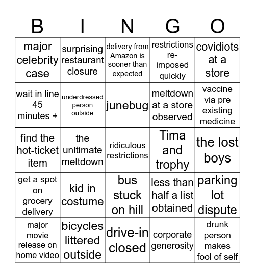 LOCKDOWN BINGO, SUMMER 2020 Card 1 Bingo Card
